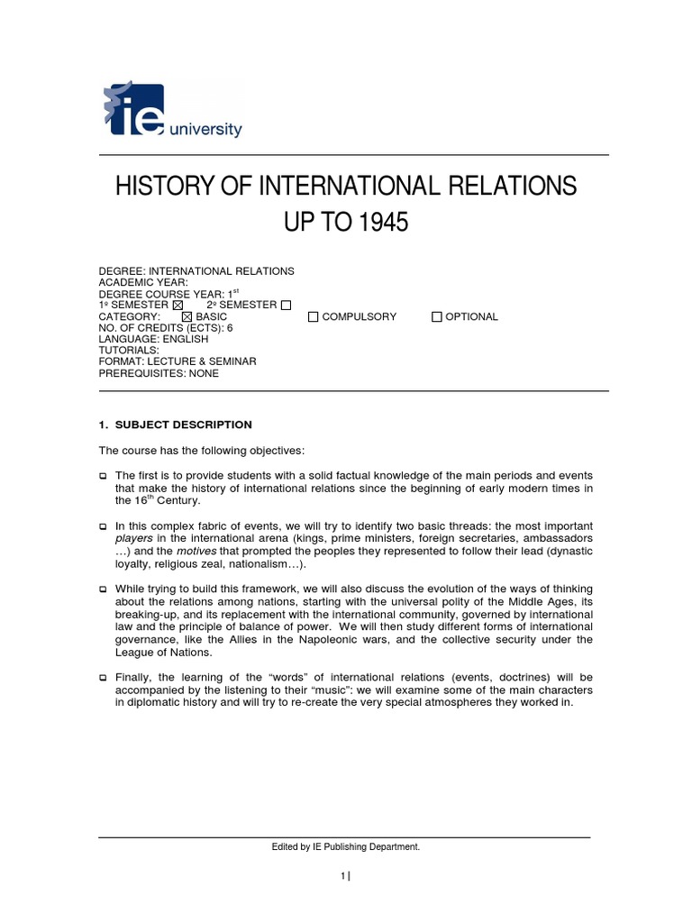 History of International Relations UP TO 1945: 1. Subject Description ...