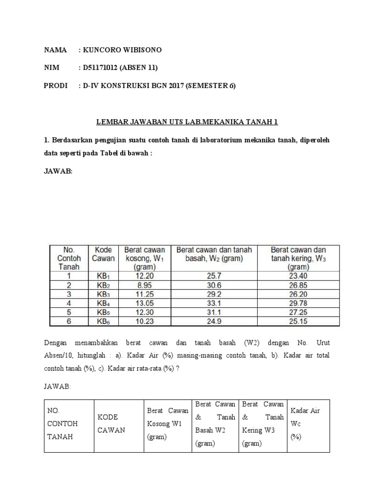 KUNCORO Ws-LEMBAR JAWABAN UTS LAB MEKTAN 1 | PDF