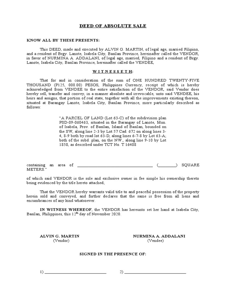 DRAFT Deed of Absolute Sale | PDF | Real Property Law | Real Estate Law