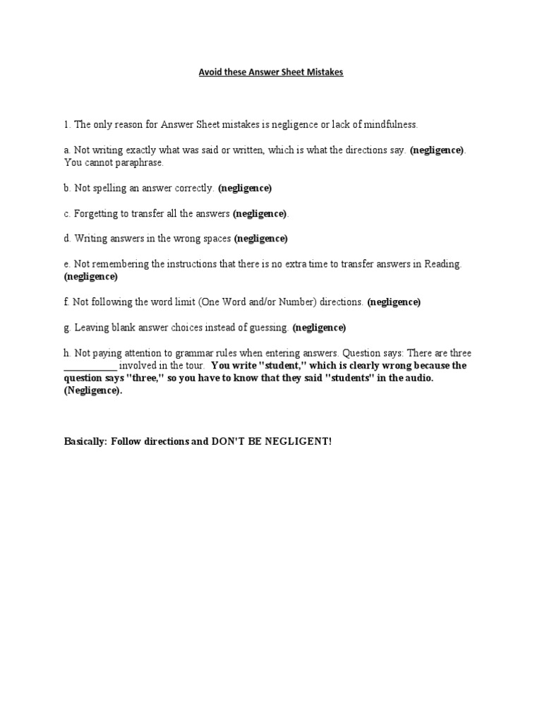 2.1 Avoid These Answer Sheet Mistakes | PDF | Language Arts & Discipline