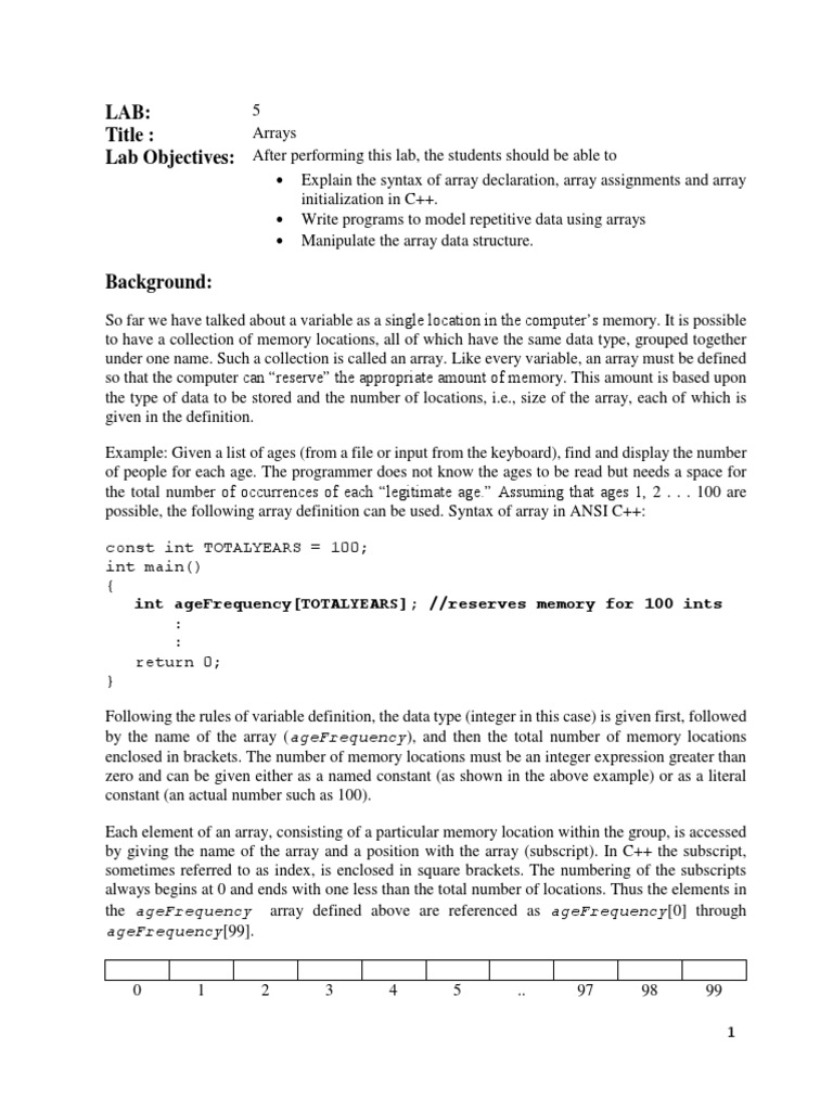 Lab: Title: Lab Objectives:: Int Agefrequency (Totalyears) //reserves Memory For 100 Ints | PDF ...