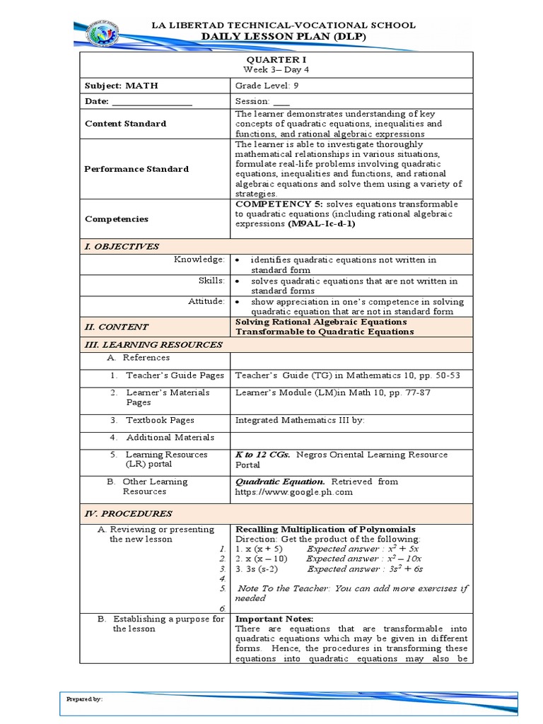 Daily Lesson Plan (DLP) : I. Objectives | PDF | Quadratic Equation ...