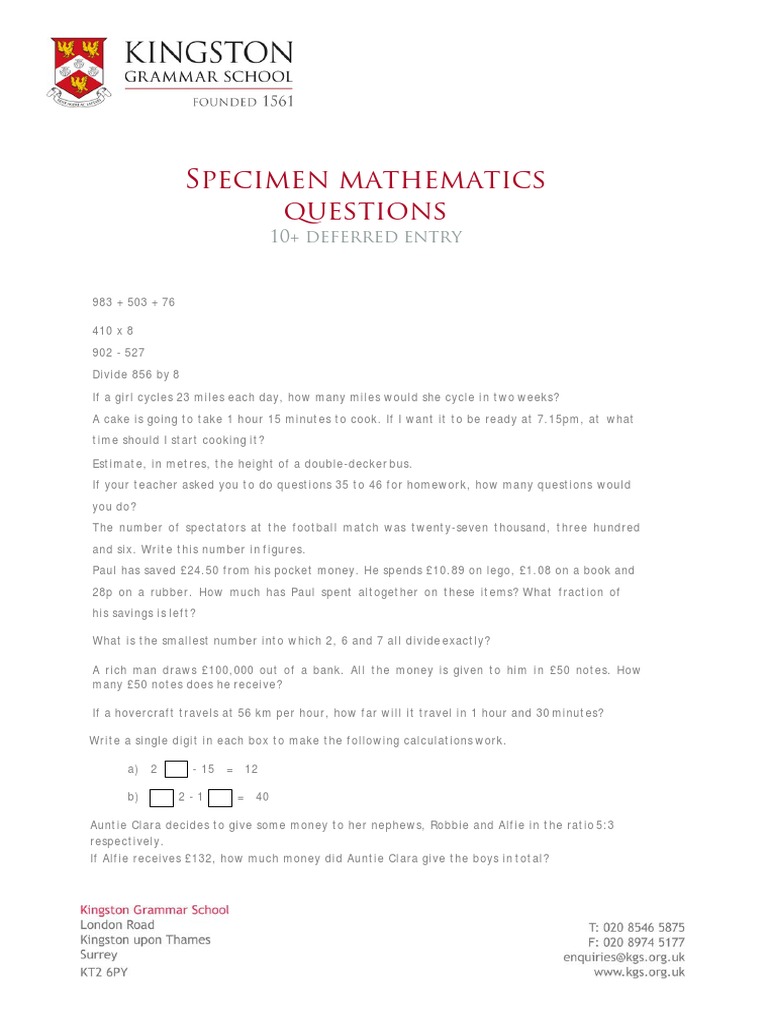 10plus Sample Mathematics Questions | PDF