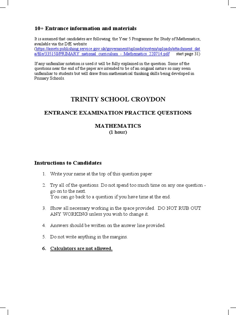 Trinity School Croydon: 10+ Entrance Information and Materials | PDF ...
