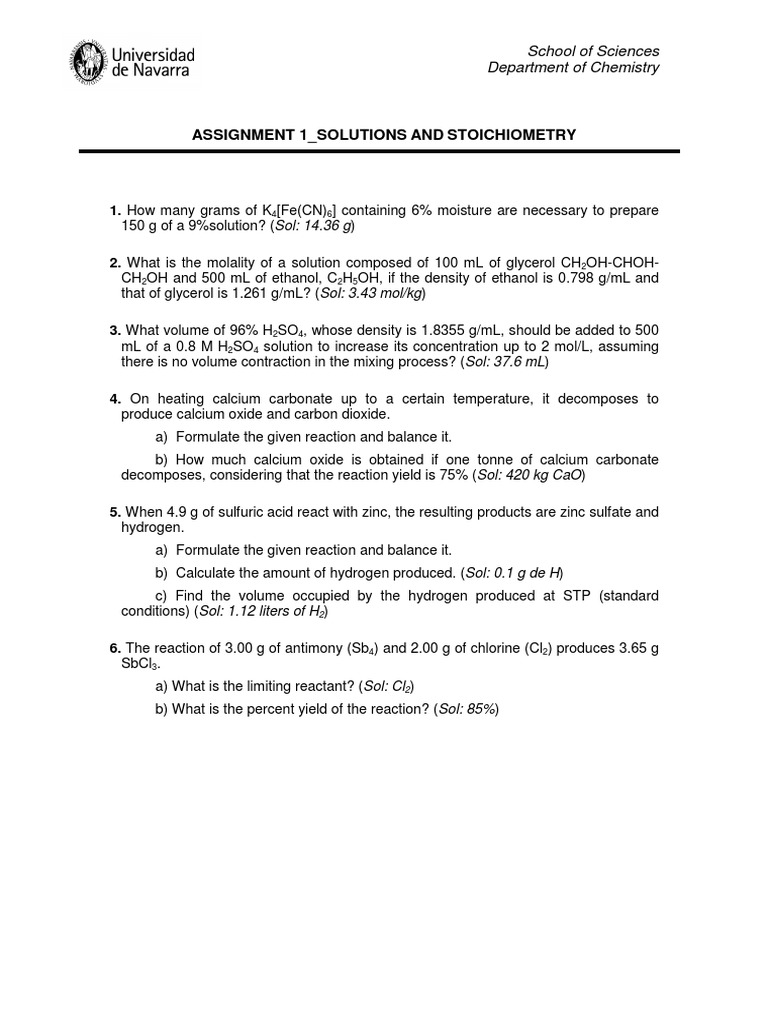 Assignment 1. STOICHIOMETRY | PDF | Cooking, Food & Wine | Science ...