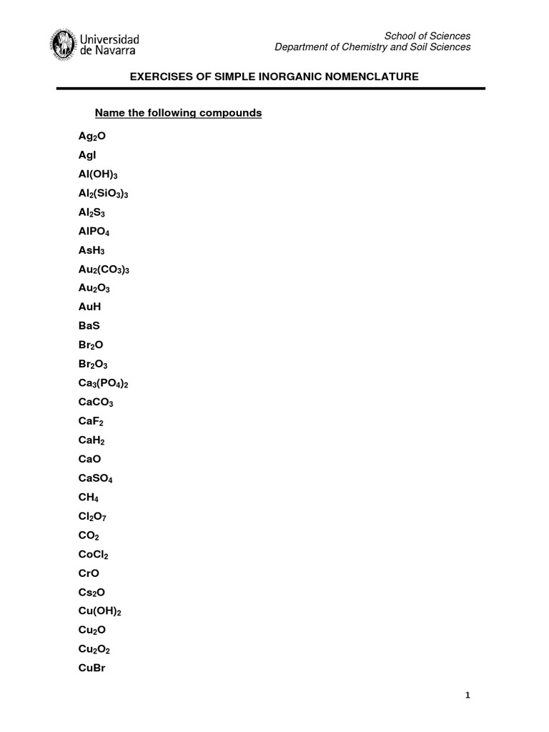 Exercises of Simple Inorganic Nomenclature: School of Sciences ...