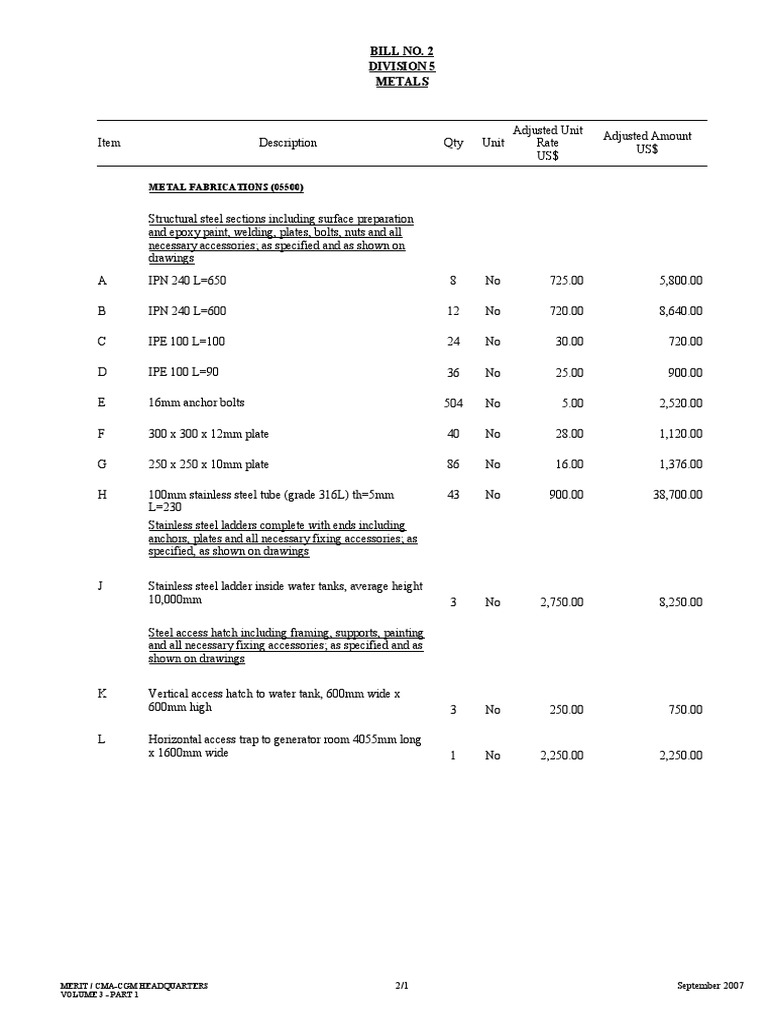 Metal Fabrications (05500) : Bill No. 2 Division 5 Metals | PDF ...