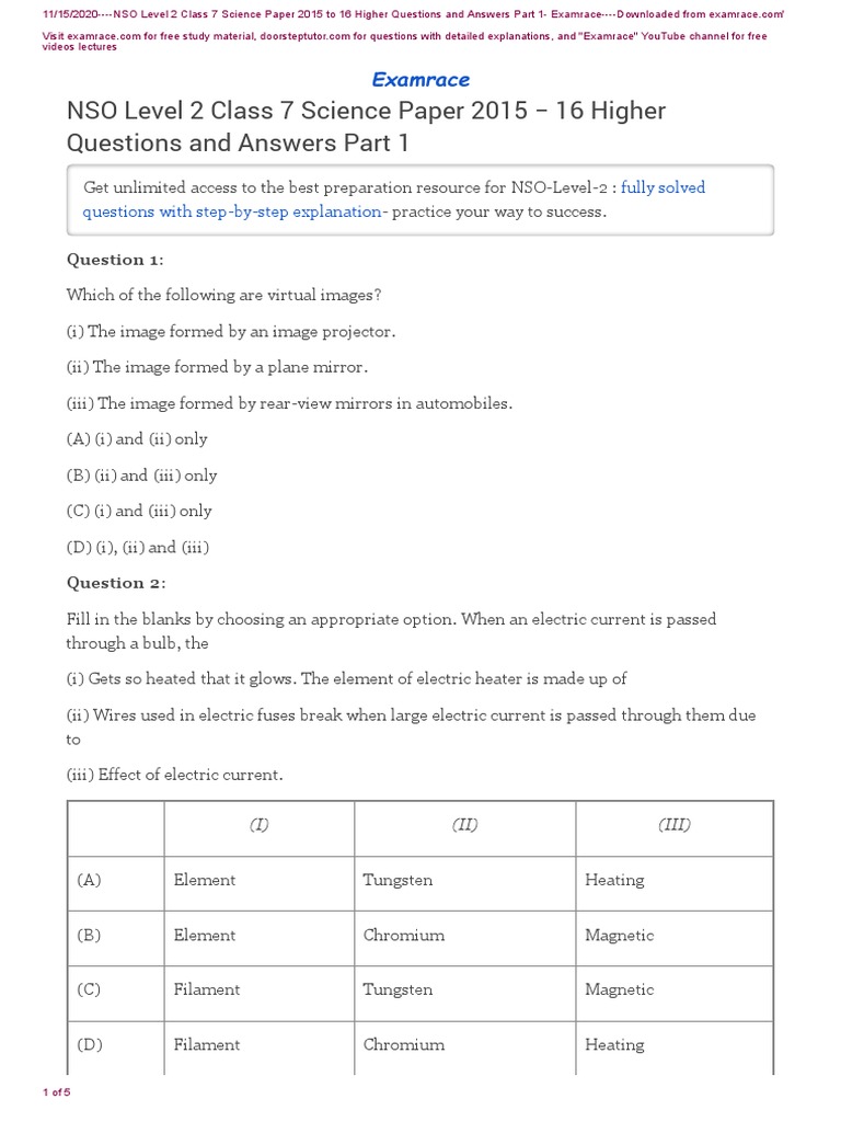 NSO Level 2 Class 7 Science Paper 2015 16 Higher Questions and Answers ...