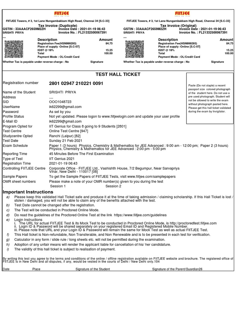 Test Hall Ticket 2801 02947 210221 0091: Tax Invoice (Duplicate) Tax ...