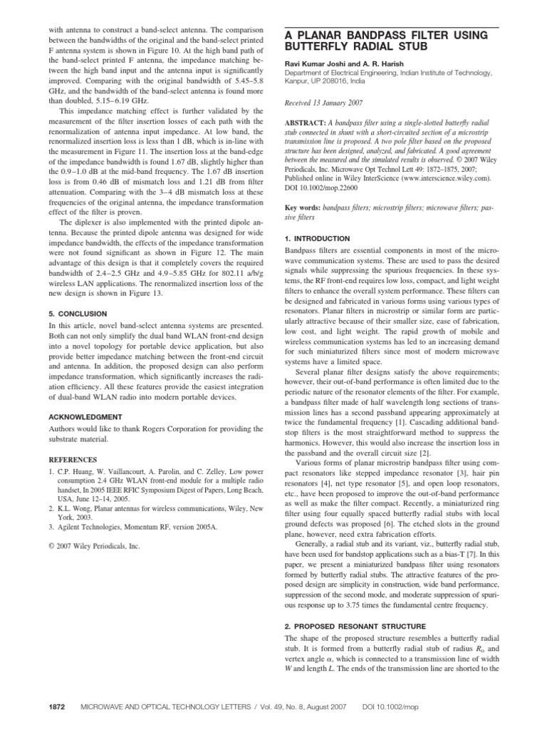 A Planar Bandpass Filter Using Butterfly Radial Stub | PDF | Electronic ...
