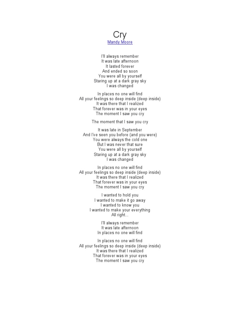 Mandy Moore "Cry" Lyrics Analysis | PDF | Art | Mystery, Thriller ...