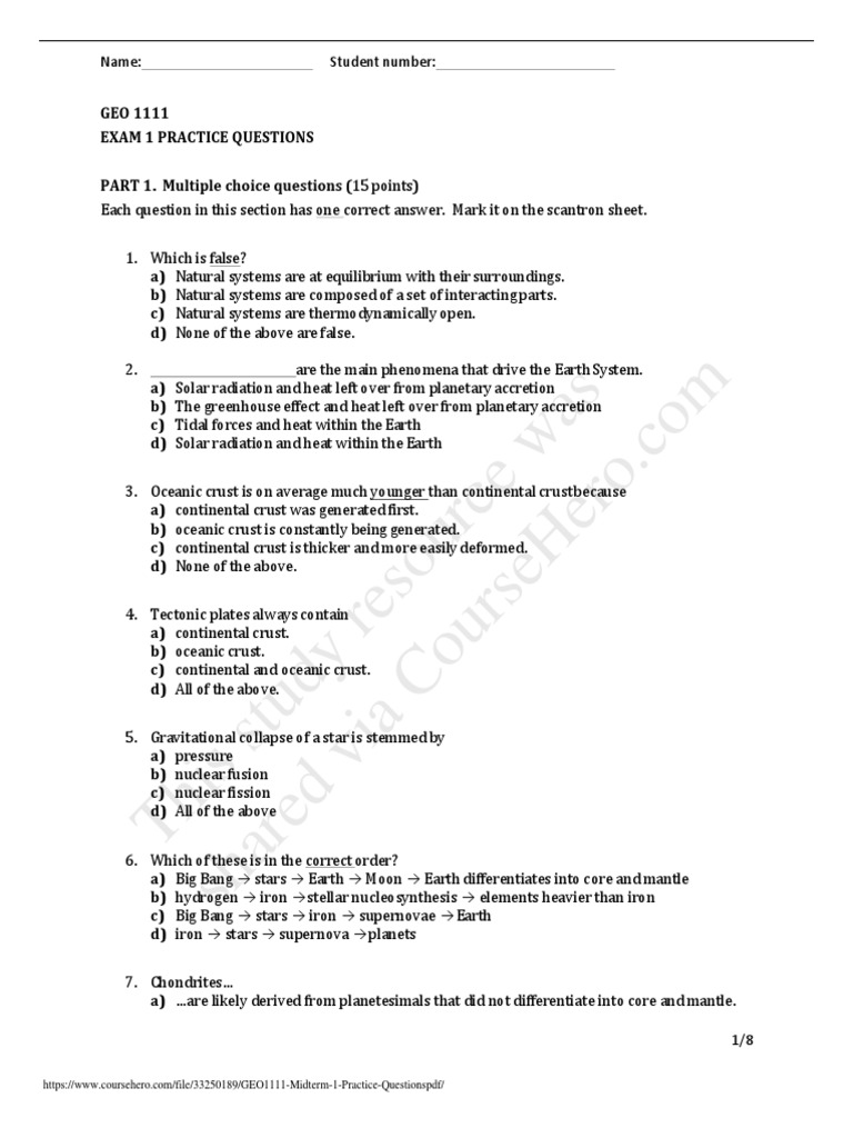 GEO1111 Midterm 1 Practice Questions PDF | PDF | Crust (Geology) | Earth