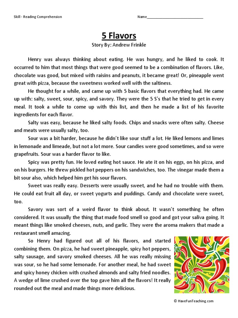 5 Flavors Fifth Grade Reading Comprehension Worksheet | PDF | Taste ...