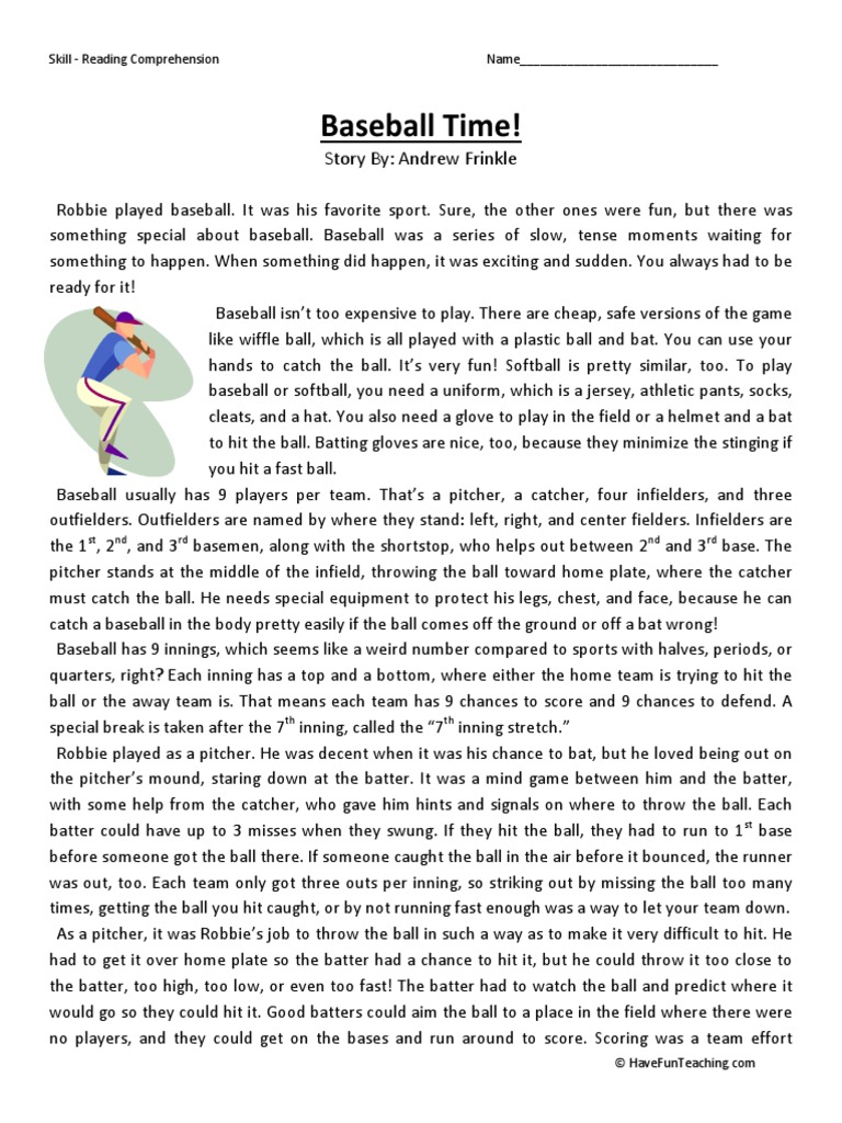 Baseball Time Fifth Grade Reading Comprehension Worksheet | PDF ...