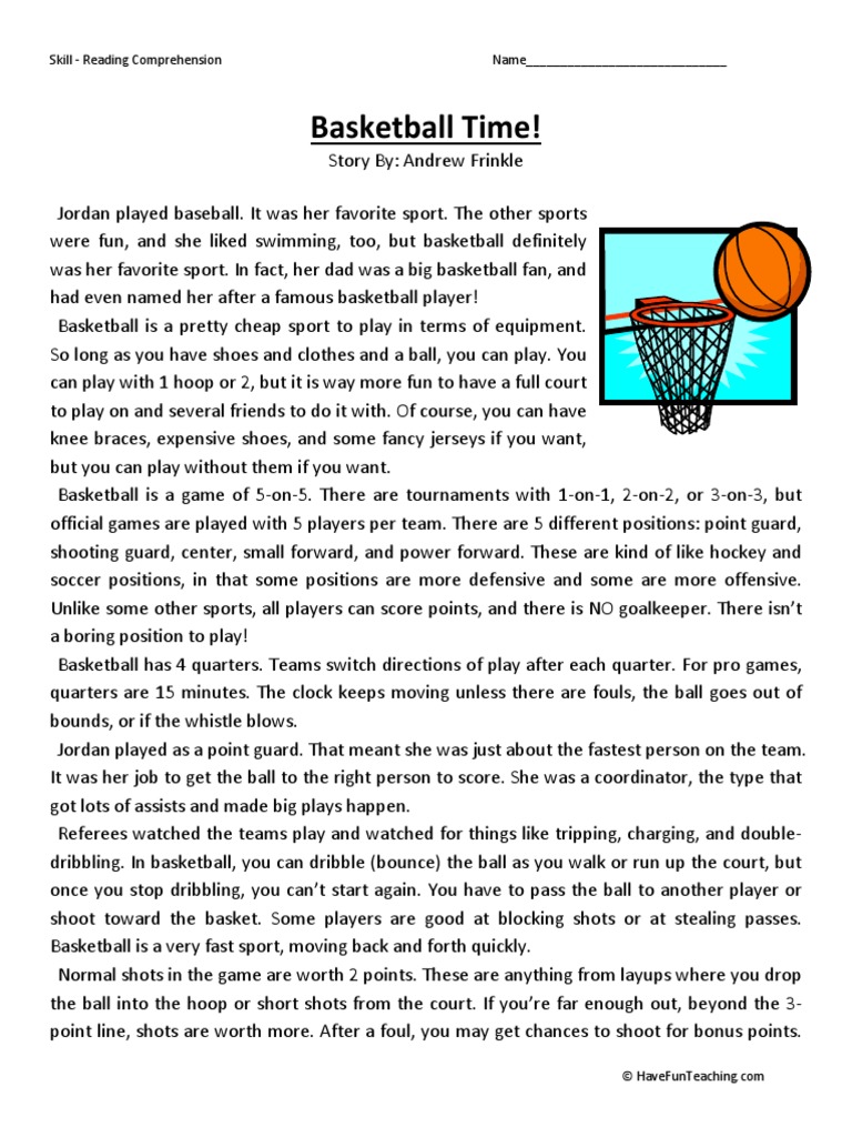 Basketball Time Fifth Grade Reading Comprehension Worksheet | PDF ...