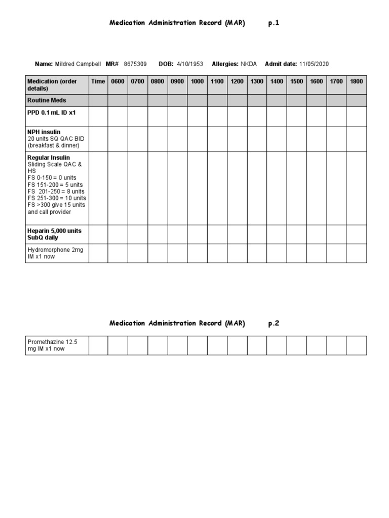 Medication Administration Record (MAR) p.1 | PDF | Wellness