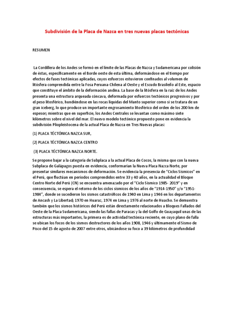 Subdivisión de La Placa de Nazca en Tres Nuevas Placas Tectónicas | PDF ...