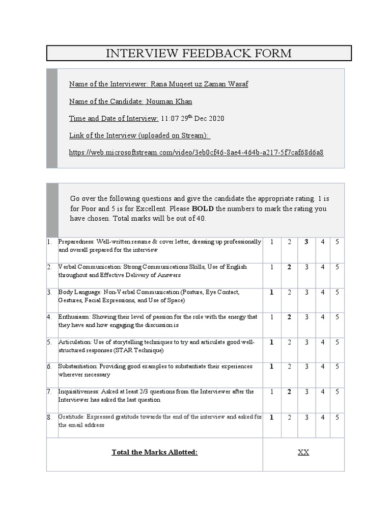 Interview Feedback Form RanaMuqeet | PDF | Nonverbal Communication ...