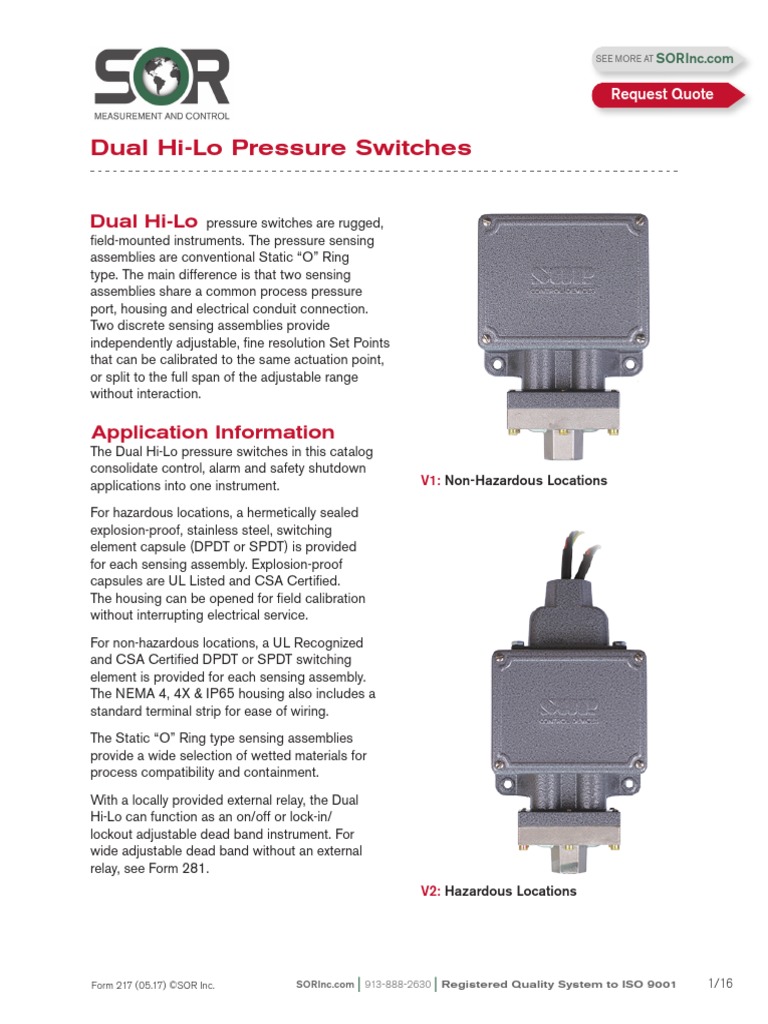 Dual Hi-Lo Pressure Switches | PDF | Switch | Specification (Technical ...