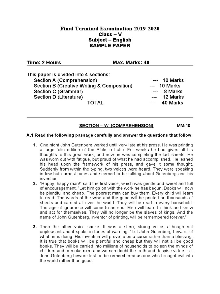 Sample Paper Final Term 2019-2020 | PDF