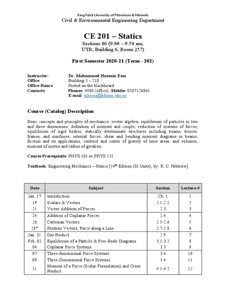 CE 201-06 (202) - Statics Course Content | PDF | Force | Euclidean Vector