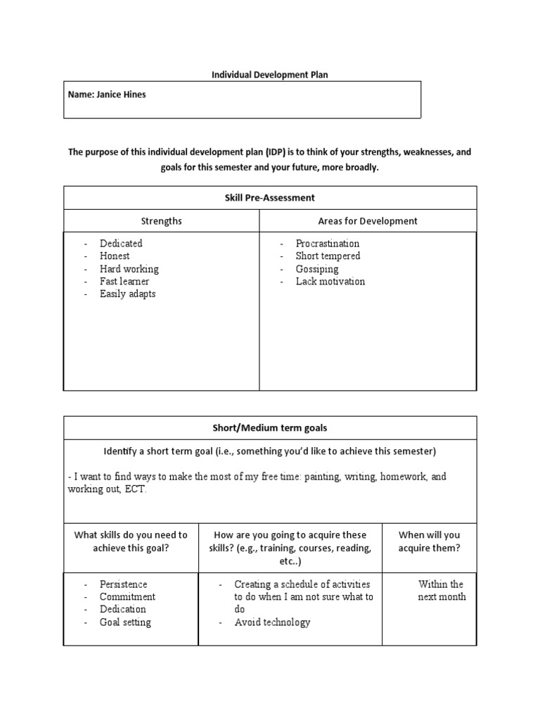 Individual Development Plan Name: Janice Hines: Skill Pre-Assessment ...