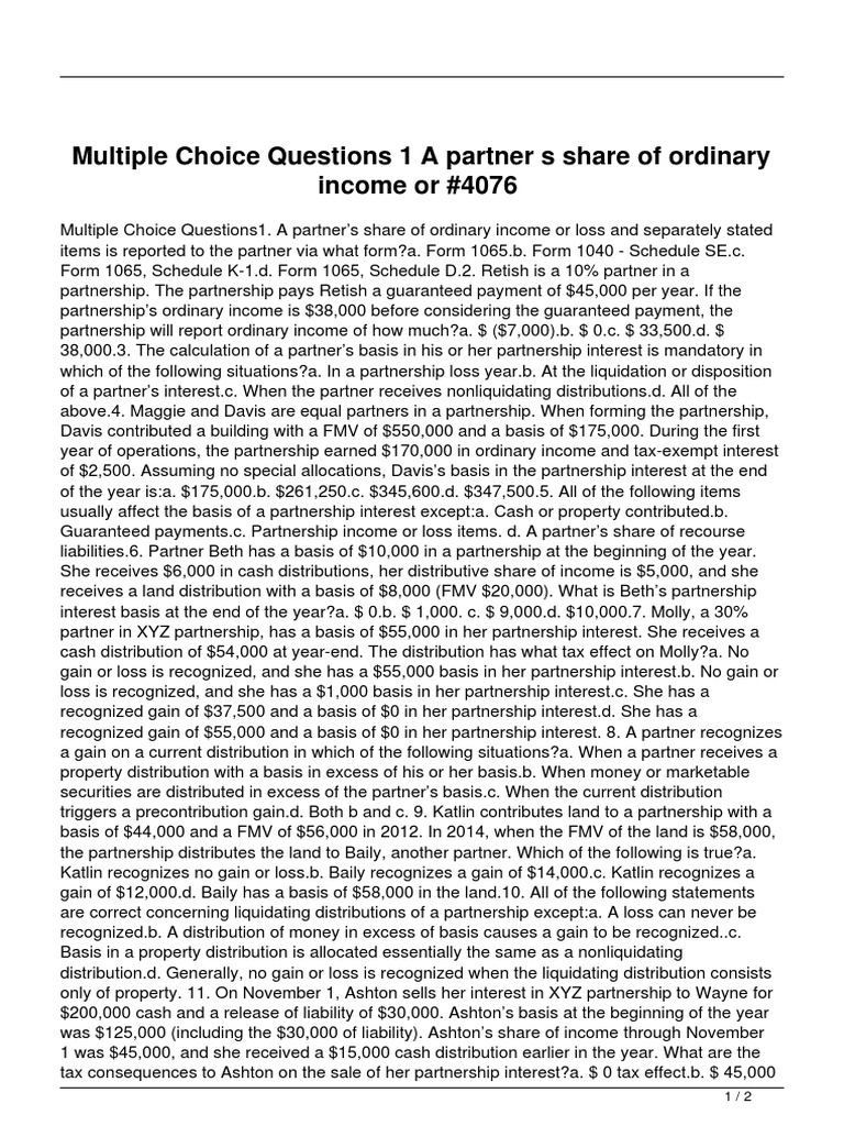 Multiple Choice Questions 1 A Partner S Share of Ordinary Income or ...