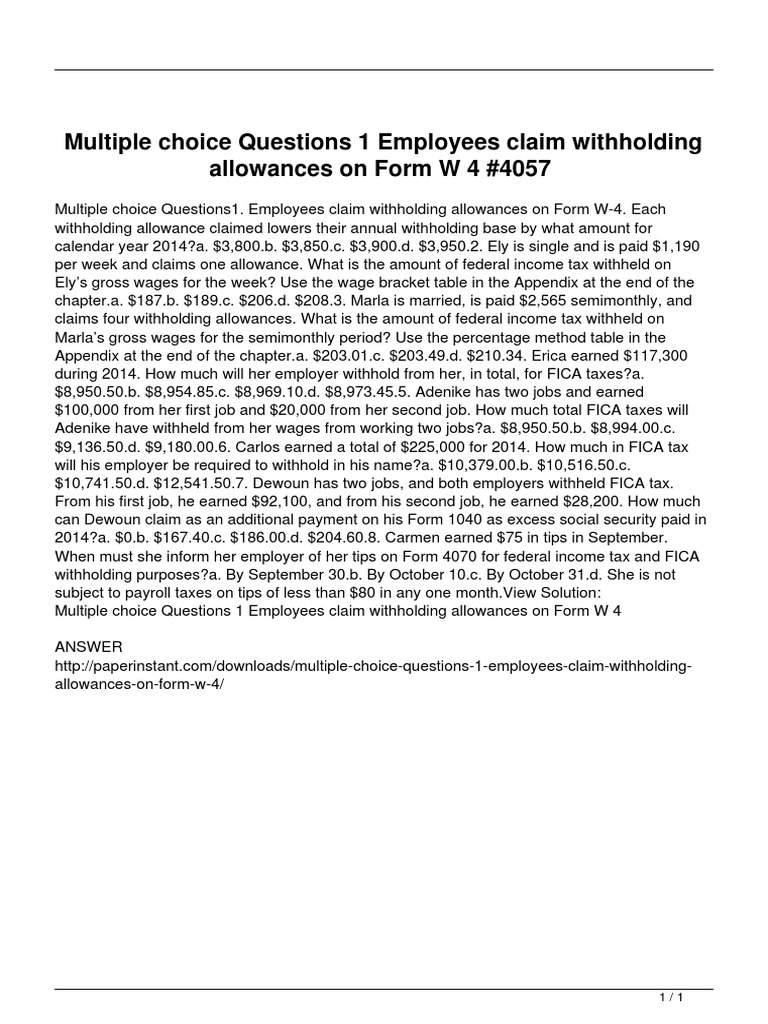 Multiple Choice Questions 1 Employees Claim Withholding Allowances On ...