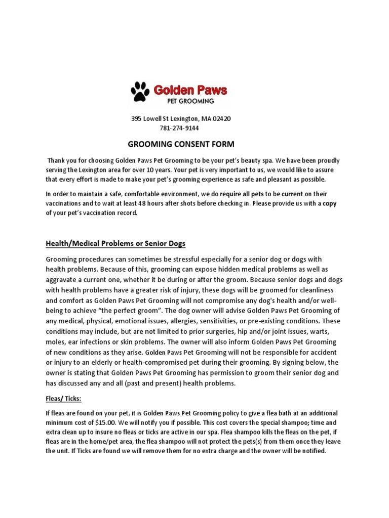 Golden Paws Grooming Consent Form | PDF | Animal Diseases | Wellness