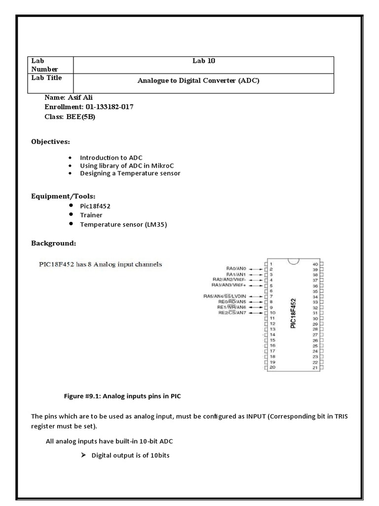 Lab Number Lab 10 Lab Title Analogue To Digital Converter (ADC) Name ...