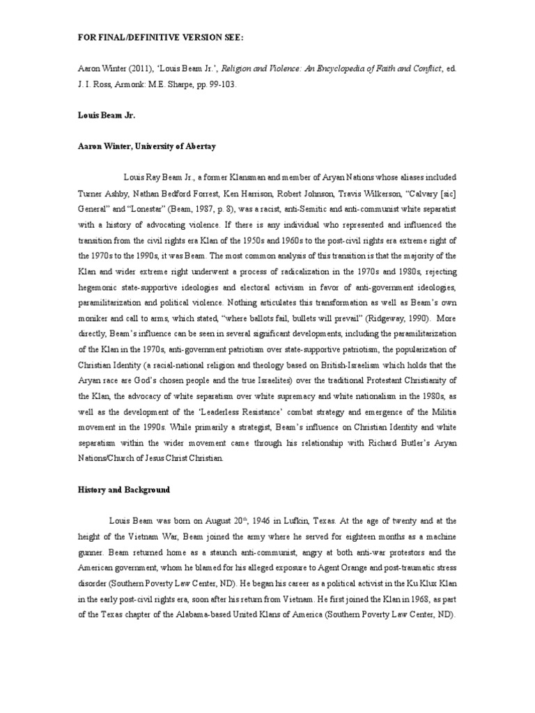 A winterLouisBeam2011 | PDF | Ku Klux Klan | Southern Poverty Law Center