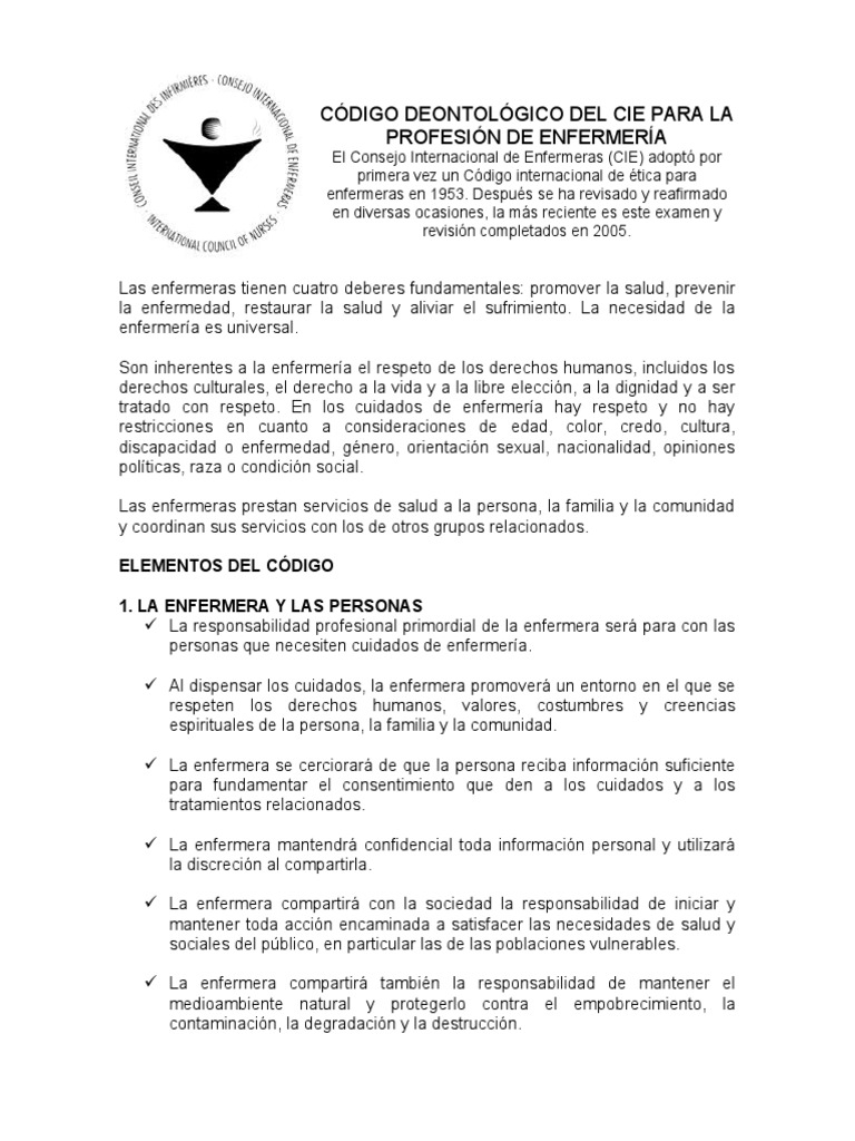 Código Deontológico Del Cie para La Profesión de Enfermería | Descargar gratis PDF | Enfermería ...