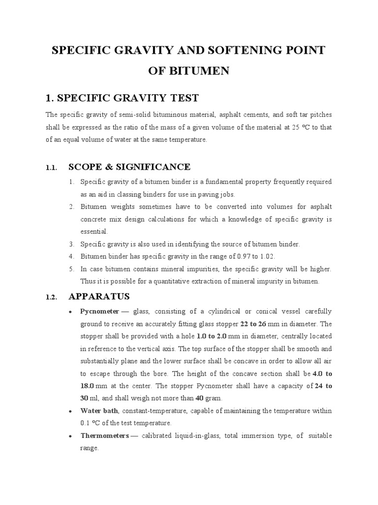 Specific Gravity and Softening Point of A Bitumen Sample | PDF ...