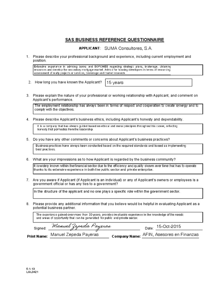 SAS BUSINESS REFERENCE QUESTIONNAIRE - Afin | PDF