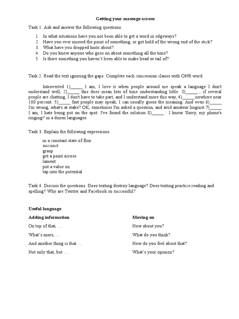 Getting Your Message Across Worksheet | PDF