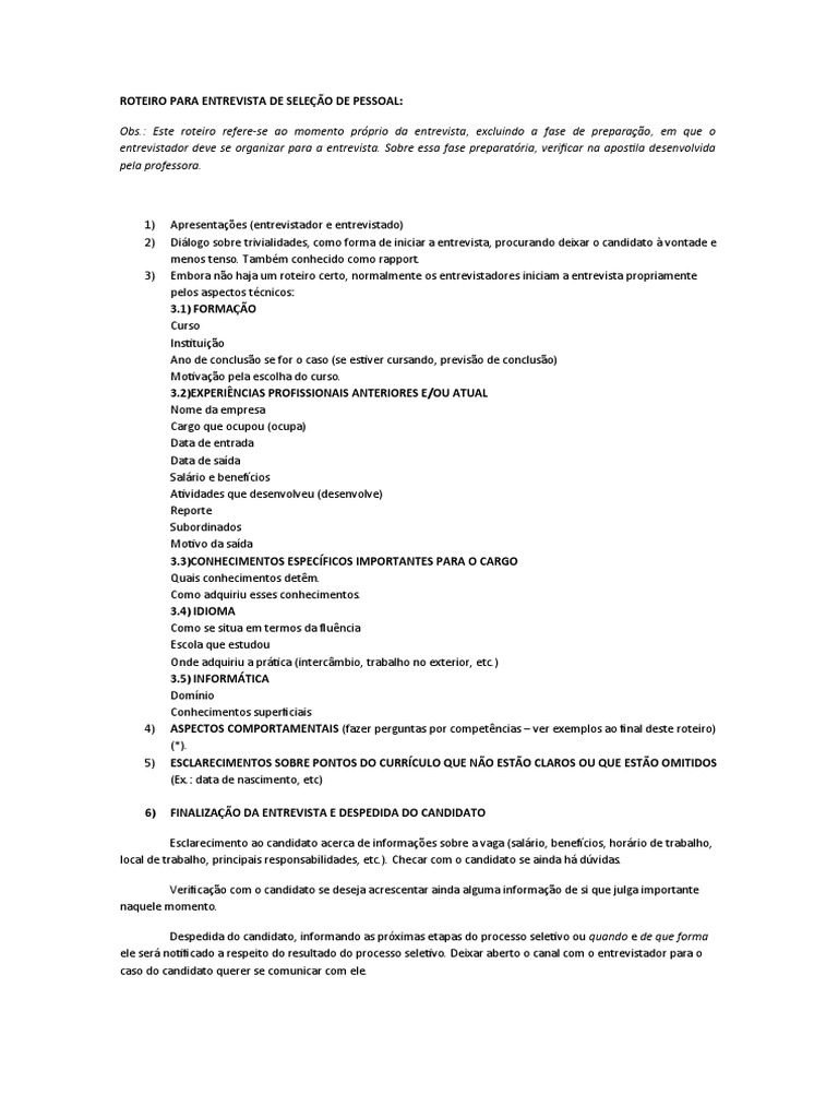 Roteiro para Entrevista de Seleção de Pessoal | PDF | Entrevista | Science