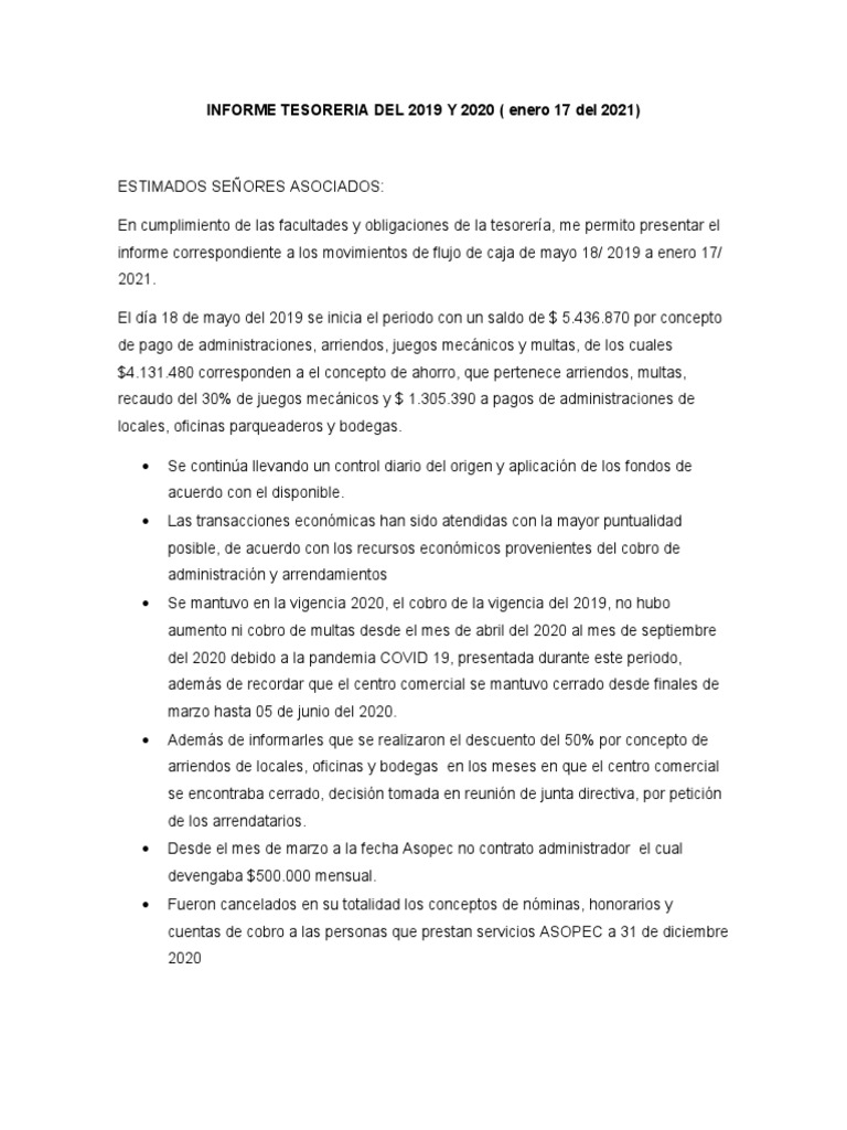 Informe Tesoreria Del 2019 y 2020 | PDF | Economias | Business