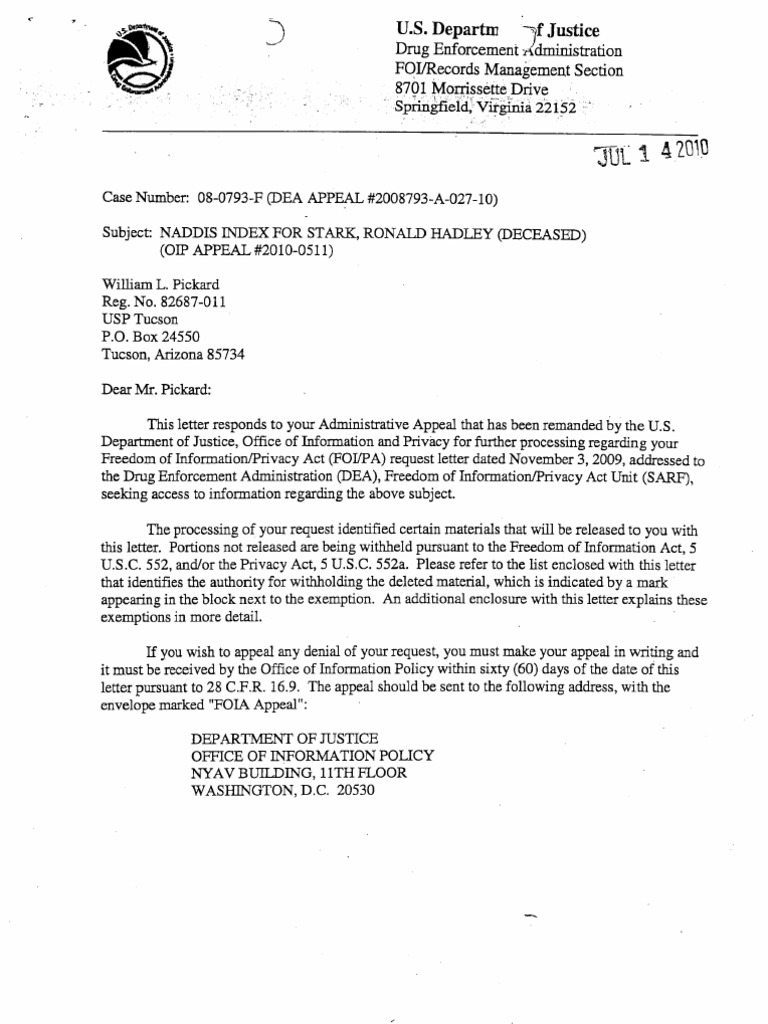 10-01-10 Dea To WLP Re 08-0793-f Ron Stark Naddis | PDF | Freedom Of ...