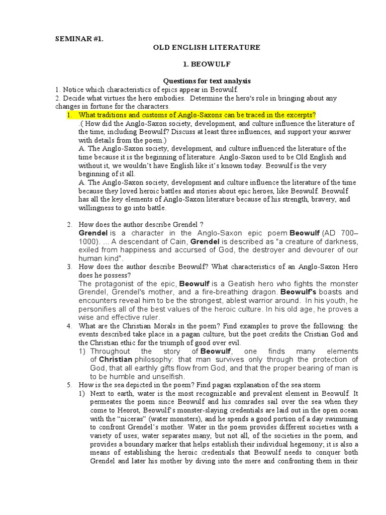Seminar 1 Beowulf Questions and The Text | Download Free PDF | Beowulf ...