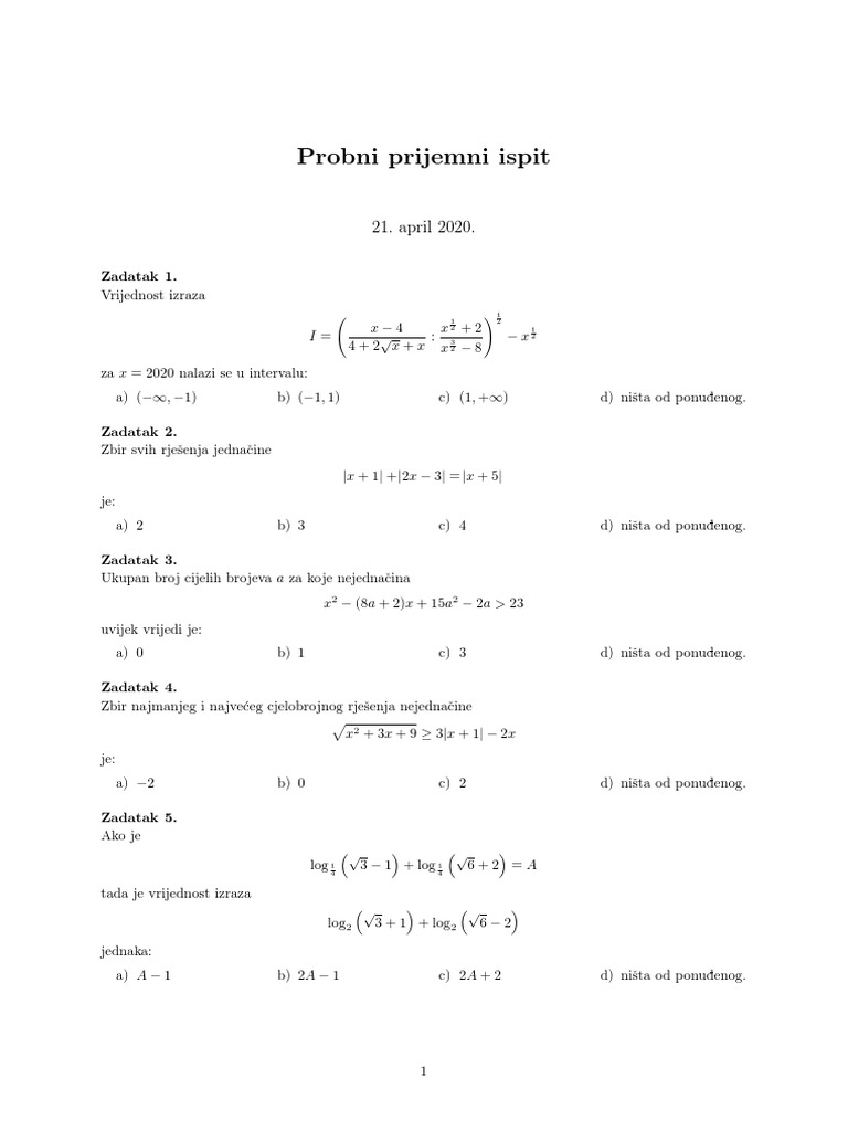 Probni Prijemni Ispit 1 - 21. April | PDF