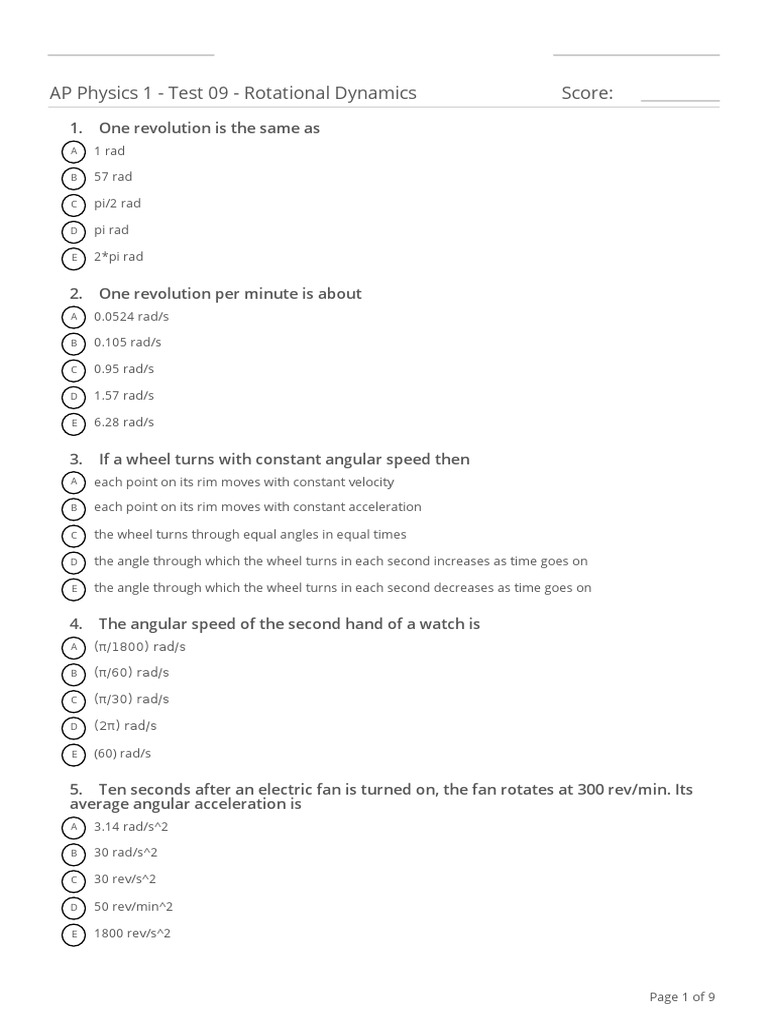 Ap Physics 1 Test 09 Rotational Dynamics Score A B C D E Pdf