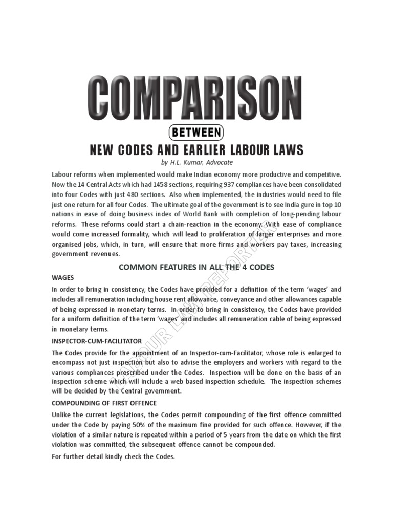 Comparison of Codes and Earlier Labour Laws 2 | PDF | Employment ...