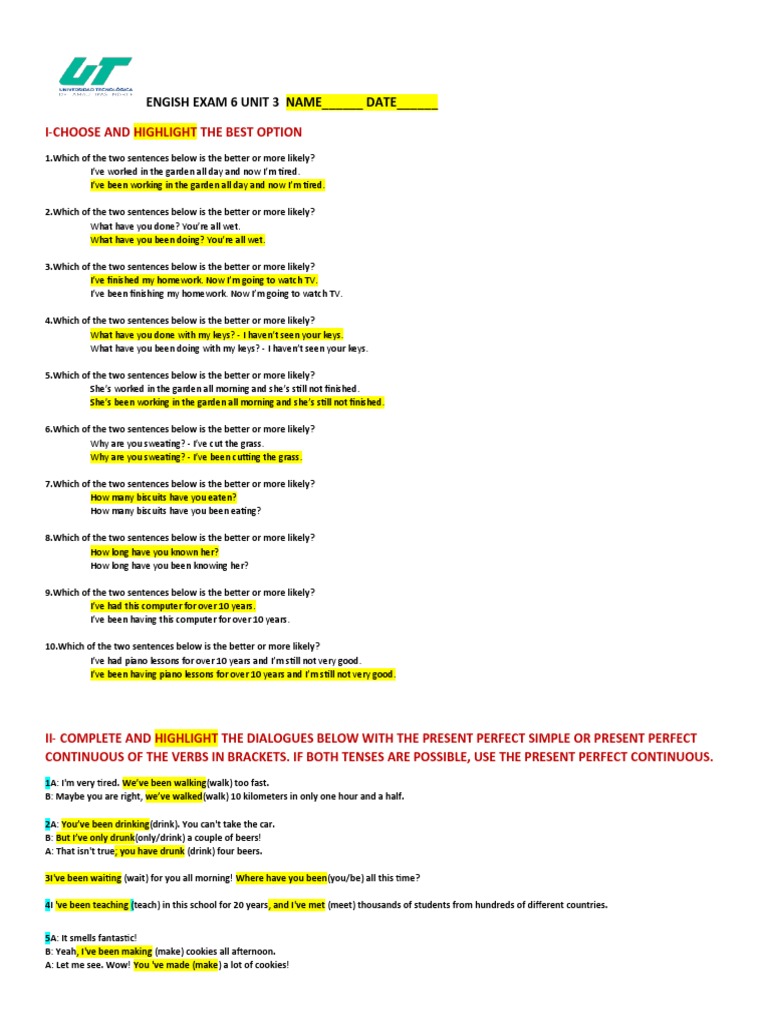 Use of Present Perfect Simple and Present Perfect Continuous Tenses in English Grammar Exercises ...