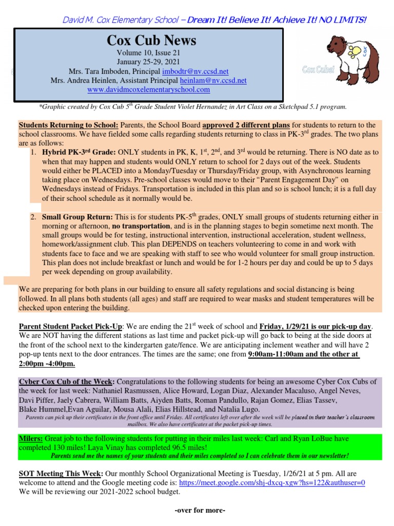 David M. Cox Elementary School Updates | PDF | Schools | Business