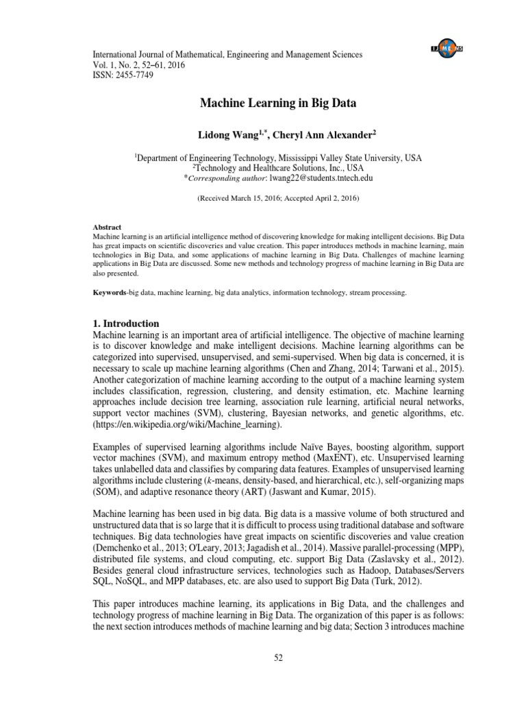 Machine Learning in Big Data | PDF | Machine Learning | Support Vector ...