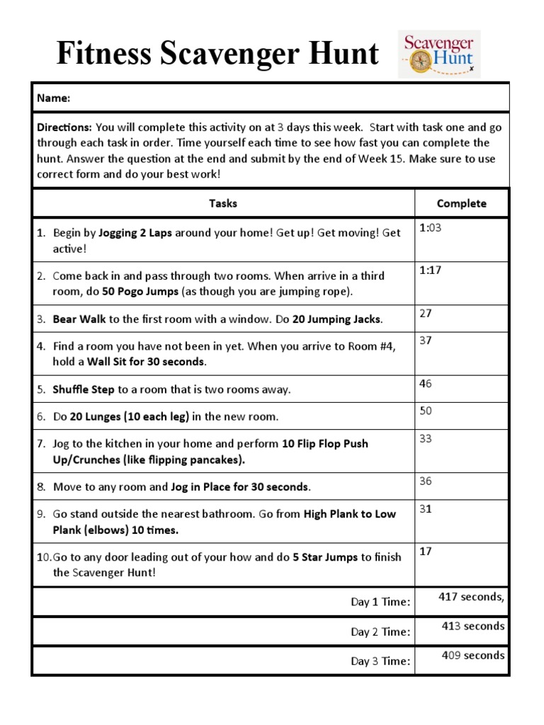 Fitness Scavenger Hunt Reflection Sheet | PDF