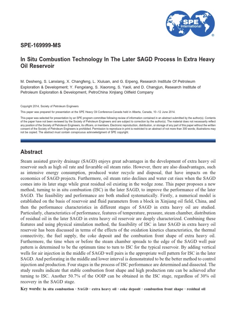SPE-169999-MS in Situ Combustion Technology in The Later SAGD Process ...