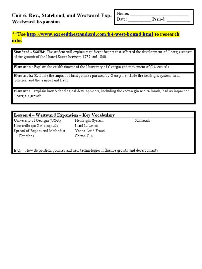 5-Ws-and-H-Notes-Sheet-Unit-6 Westward Expansion | PDF | Southern ...