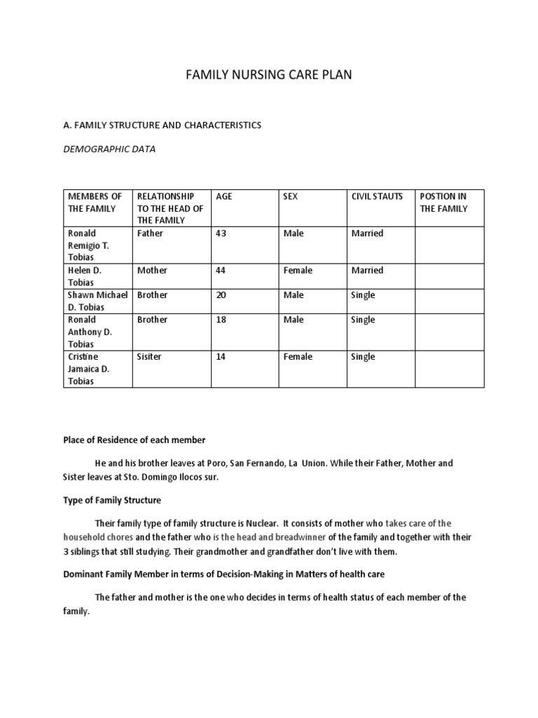 Family Nursing Care Plan: A. Family Structure and Characteristics | PDF ...