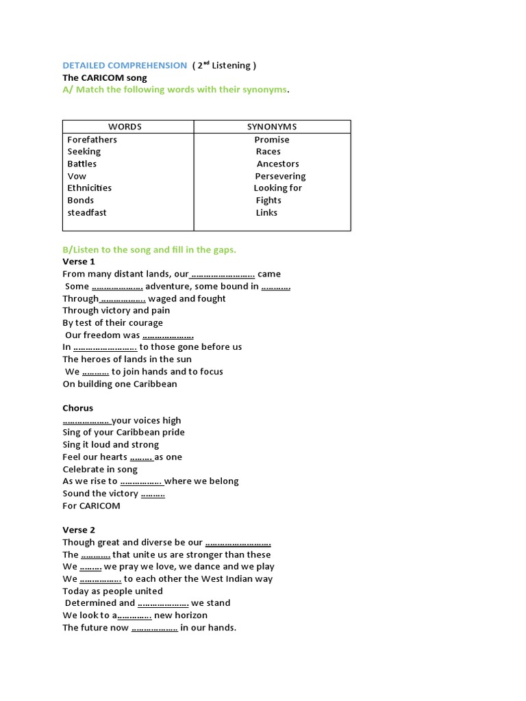 Caricom Song Worksheet | PDF
